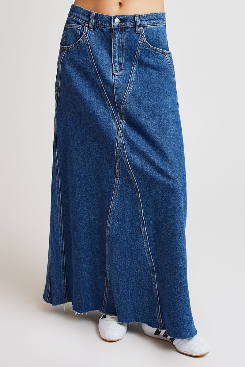 ODE Lane Denim Panelled Maxi Skirt Mid Denim Wash | Stylerunner