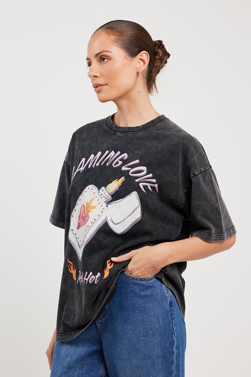 Maku The Label Flaming Love Acid Wash Tee Black | Stylerunner